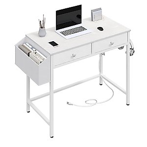 HOOBRO Small White Computer Desk with Power Outlet, 32 Inch Home Office Computer Desk with 2 Fabric Drawers, Study Desk for Small Spaces, with Side Pocket, for Study, Living Room, White WW42UDN01