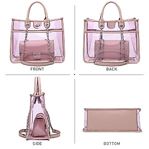 Large Clear Tote Bag PVC Top Handle Shoulder Bag 2 Pieces Set With Turn Lock Closure (Pink)