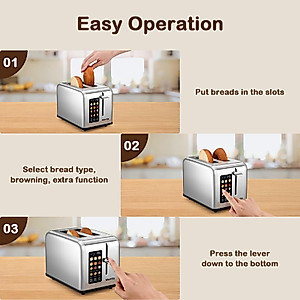 Mecity 2 Slice Toaster Touch Screen 1.5" Wide Slot, Stainless Steel Smart Bread Toaster for Bagel Muffin Waffle Gluten Free Breads, Timer, Defrost, Reheat, 120V 825W