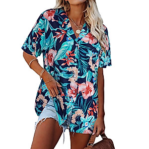 Hawaii Shirt Women Hawaiian Tshirt Floral Leaves Tee Tropic Beach Shirt Button Up Shirt Summer Vacation Shirt Blue