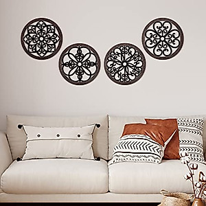 4 Pieces Thicken Rustic Wall Decor Farmhouse Wall Art Decor Wooden Hollow Carved Design Rustic Round Wall Art for Living Room Bedroom Hallway Decor Office Kitchen Wall Decoration (Black, Brown)
