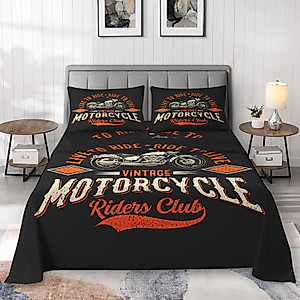Pamnest 4 Pieces Queen Size Bed Sheet Sets, Bike Retro Motorcycle Soft Microfiber Bedding Sets for Kids and Adults Bedroom Bed Decor, Race Vintage Flat Sheet, Fitted Sheet and Pillowcases