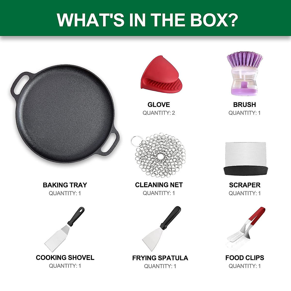 KAVSI Cast Iron Pan, Pizza Pan with Dual Handle, Baking Pan, Cast Iron Skillets for Cooktop, Oven, BBQ-12 Inch Pizza Cooker with 7 Pcs Accessories