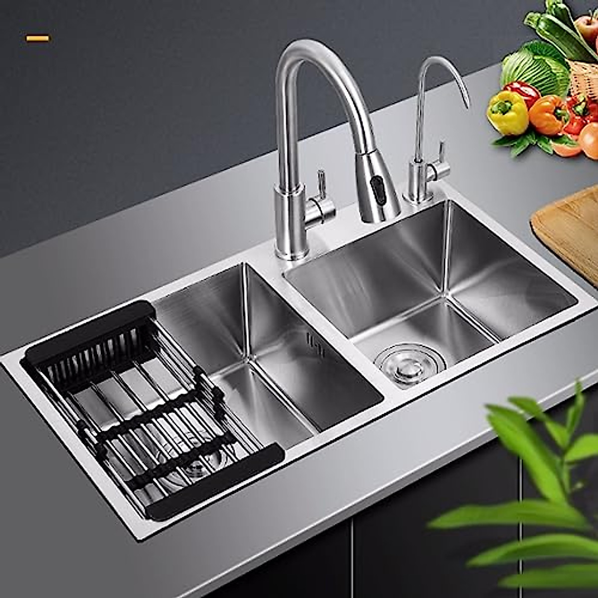 Catering Sink Commercial Stainless Steel Double Bowl Unit,Household Undermount Sink,with Pull-Out Faucet, Clean Water Faucet