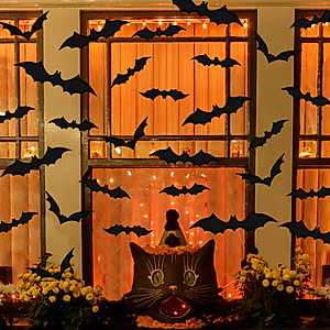 5 Pack Halloween Decorations Set Black Lace Tablecloth Round Cobweb Table Cover Fireplace Scarf Runner Lampshade with 36pcs 3D Bats for Halloween Decor Indoor Party Supplies (Halloween, One Size)