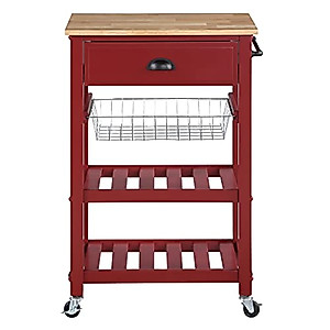 OS Home and Office Furniture Model HMPNW-9 Hampton Kitchen Cart in Red with Solid Rubberwood Top