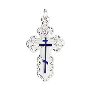 ITI Precious NYC Solid 925 Sterling Silver Russian Orthodox Cross with Blue Enamel (40 x 21 mm) with Sterling Silver Chain (24 in)