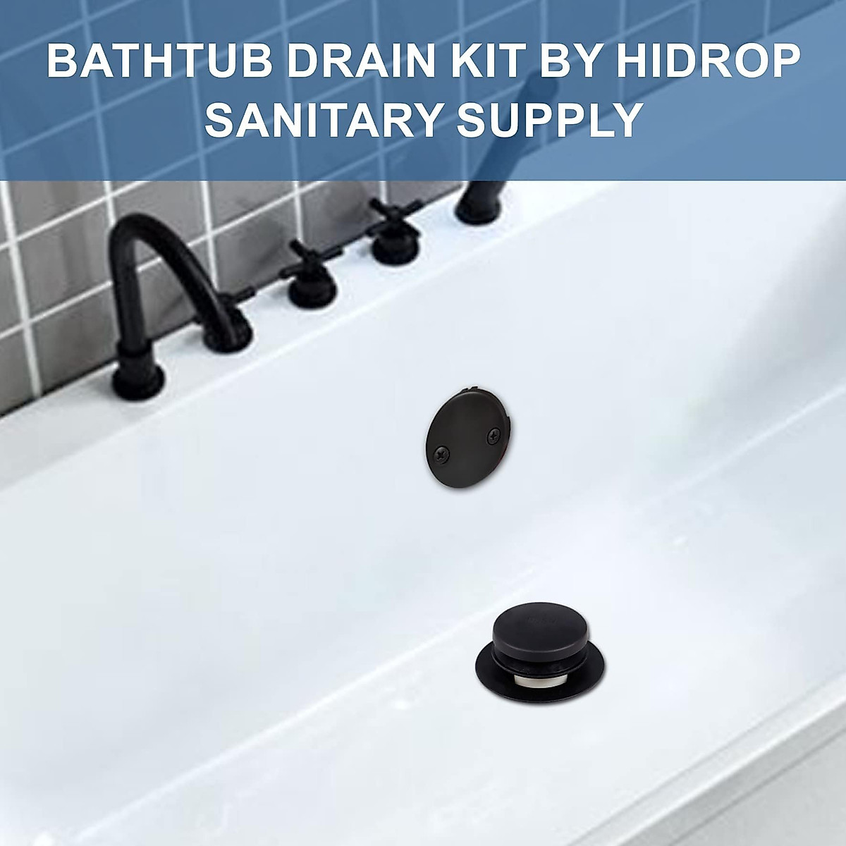 Black Tub Drain Tip-Toe Tub Trim Set Conversion Kit Assembly, Hidrop Bathtub Drain Replacement Trim Kit with 2-Hole Overflow Faceplate and Universal Fine/Coarse Thread, Matte Black