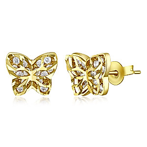 14k REAL Yellow Gold CZ Butterfly Earrings