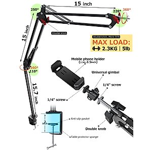 CACENCAN Overhead Camera Mount, 5lb Horizontal Load-Bearing, 360° Adjustable Camera Stand for Desk, Flexible Camera Arm Desk Mount, with Phone Clamp, Tabletop Mount for DSLR Camera/Webcam/Microphone