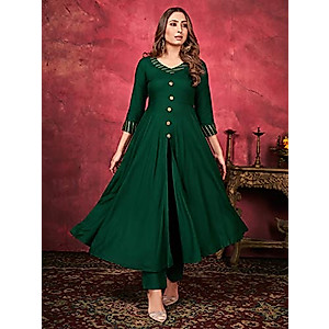 Indian Kurti for Womens With Pant & Dupatta | Rayon Foil Printed Long Kurta Partywear Kurtis For Women Tunic Tops Dark Green