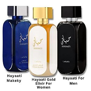 Lattafa Perfumes Premium Collection Hayaati For Men,Hayaati Gold Elixir For Women & Hayaati Makeky EDP-100ML/3.4Oz| Musk & Woody Notes. (xtravaluepack)