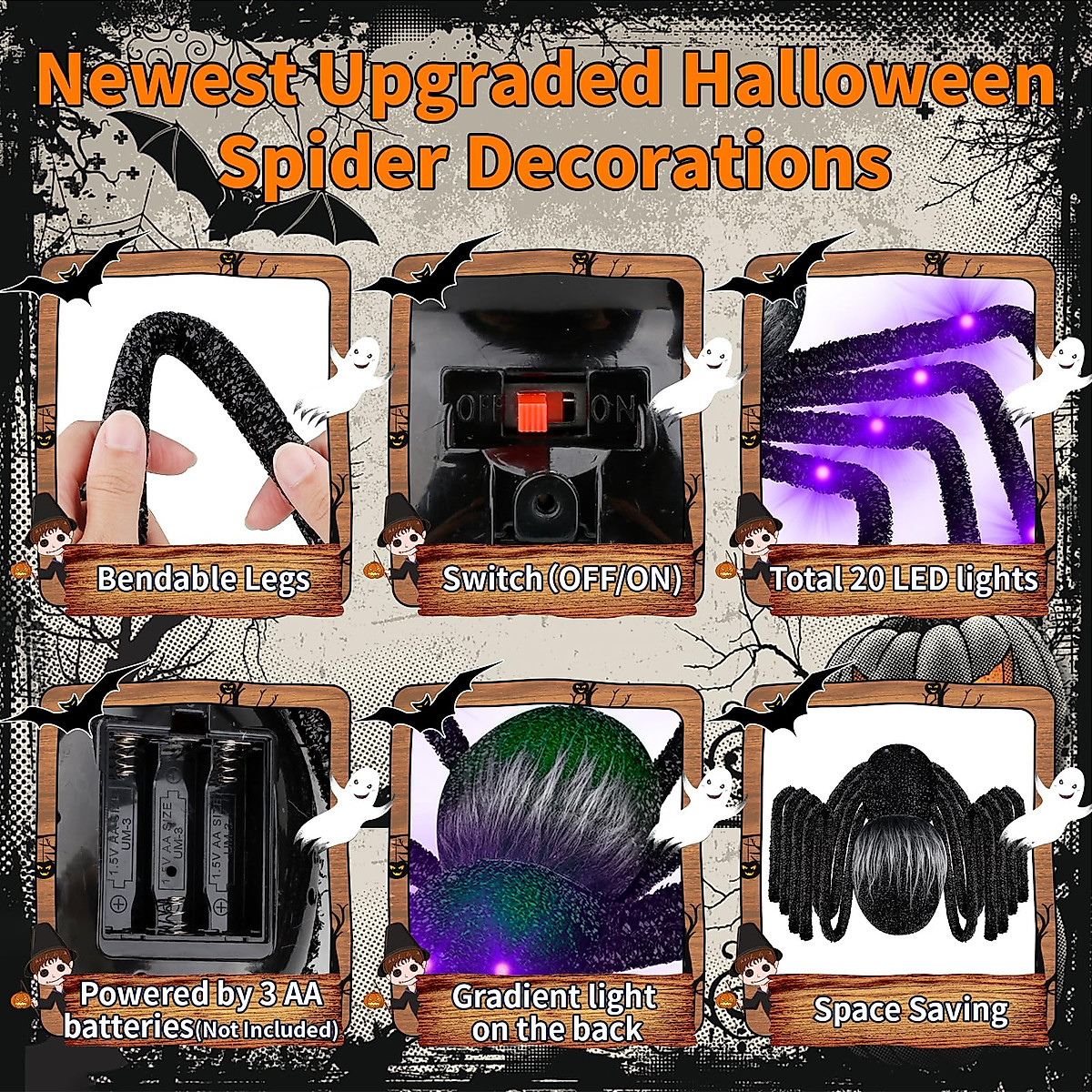 Halloween Decorations Outdoor,2023 Upgraded Light Up Giant Halloween Spider Decorations Bendable Fake Spider with Back Gradient Light,Halloween Decor for Home Yard Costumes Parties Garden Lawn