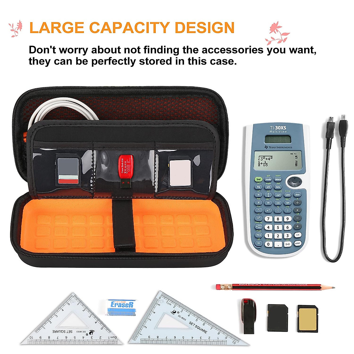 BOVKE Hard PU Graphing Calculator Carrying Case for TTexas Instruments TI-30XS Multiview/TI-34 Multiview/TI-36X Pro Scientific Calculator, Extra Pocket for USB Cables Pens Other Items, Black