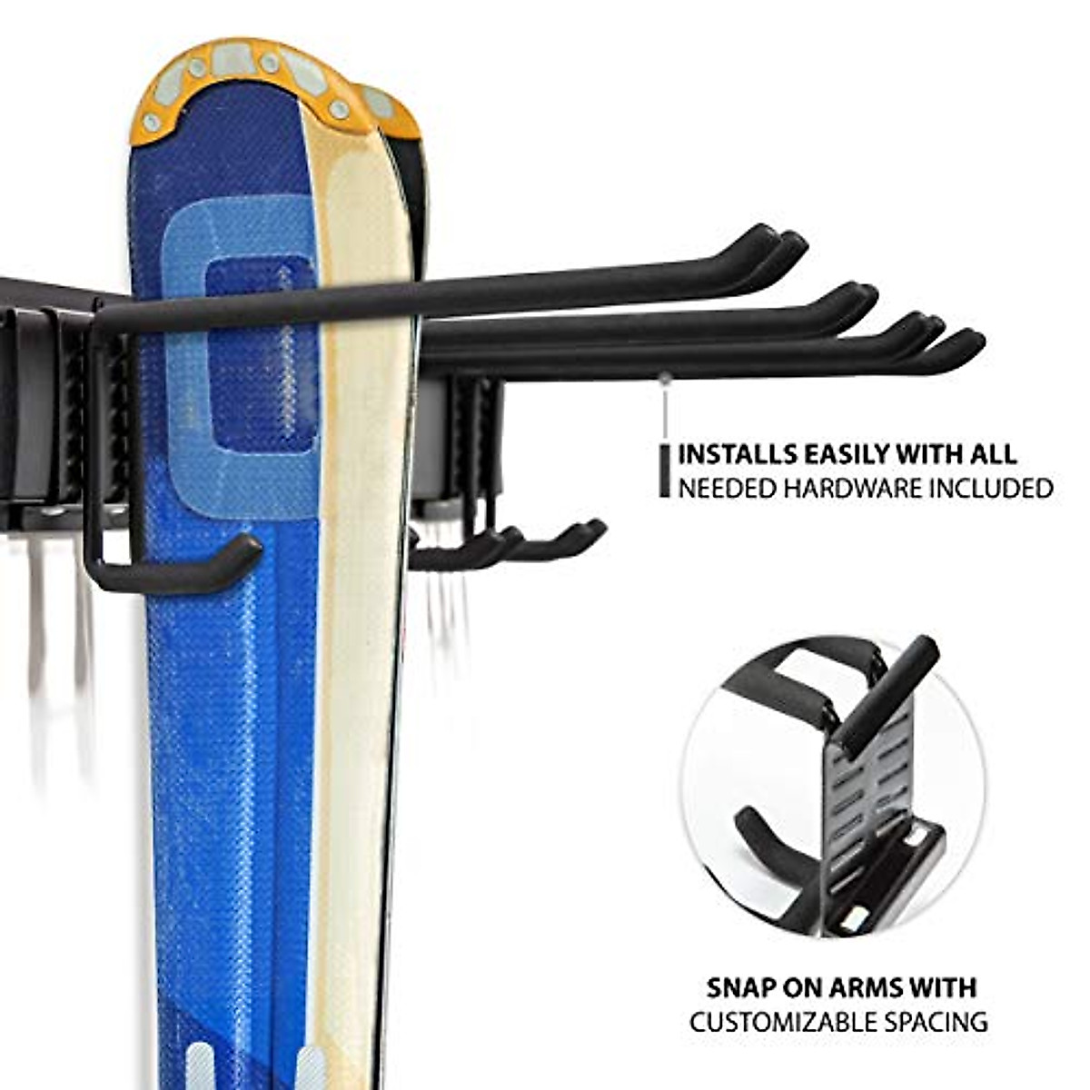 Ski Wall Rack, Holds 4 Pairs of Skis & Skiing Poles or Snowboard, for Home and Garage Storage, Wall Mounted, Heavy Duty, Adjustable Rubber-Coated Hooks