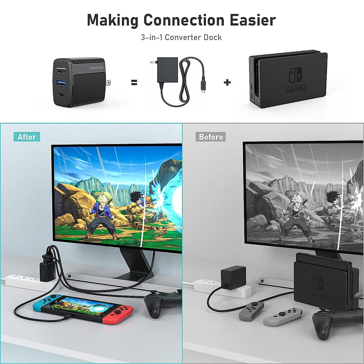 MANMUVIMO Switch Dock Charger HDMI Adapter for Nintendo Switch/OLED, Switch Docking Station Replacement for Original Dock Set, Portable 30W High-Speed with USB 3.0 Port, USB-C to USB-C Cable(Black)