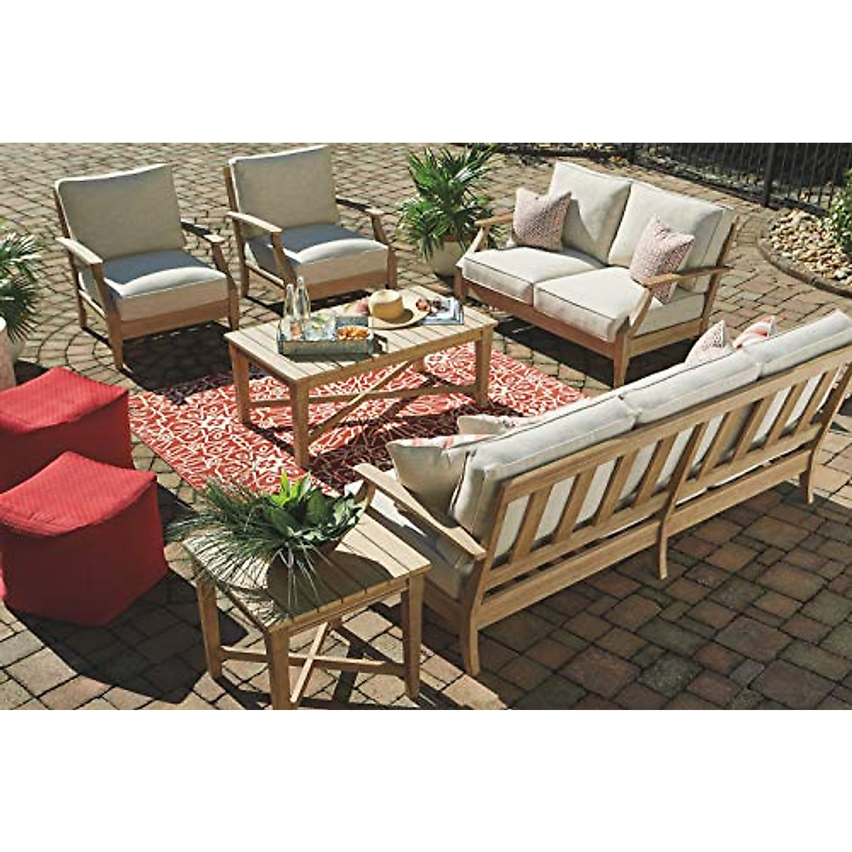 Signature Design by Ashley Clare View Coastal Outdoor Patio Eucalyptus Sofa with Cushions, Beige