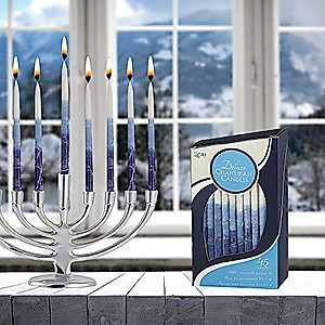 Deluxe Chanukah Candles for Menorah - Decorative Hanukkah Candles Set of 45 Multi Blue Thin Tapered Frosted Candle Hand Made Includes a DIY Dreidel, Prayer Song Card by Zion Judaica (Blue Elegance)