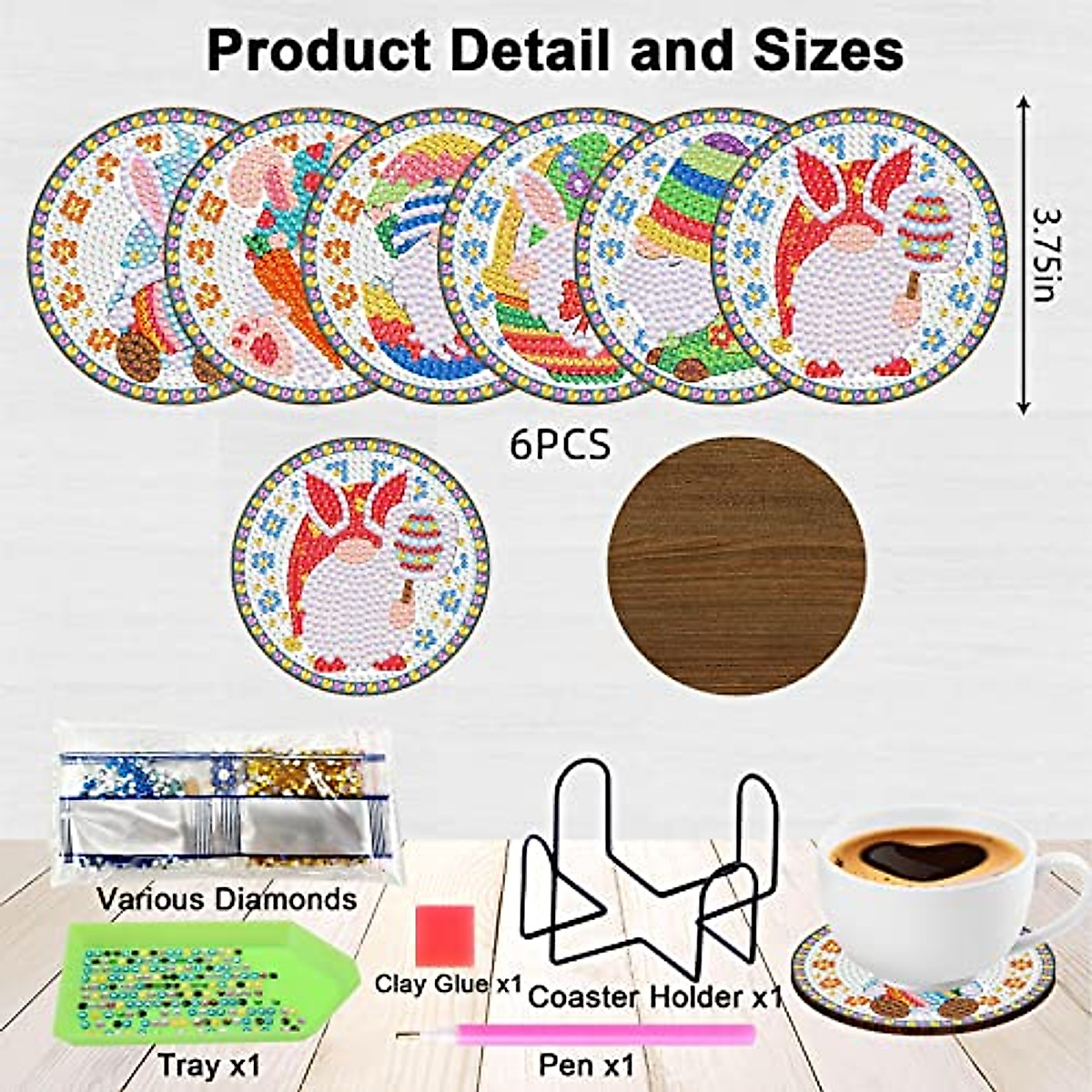 6 Pcs Diamond Painting Coasters Kit, Easter Diamond Painting Coasters with Holder, DIY Diamond Art Kits for Adults Kids 5D Diamond Painting Coasters for Easter Home Decor