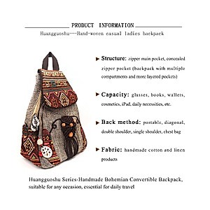 HUANGGUOSHU Backpacks For Women Sling Backpack Casual Canvas Backpack Convertible For Girl Boho Hand-Woven Exquisite Knitting Backpack With Lots Of Pockets Gift For Young Adult Women