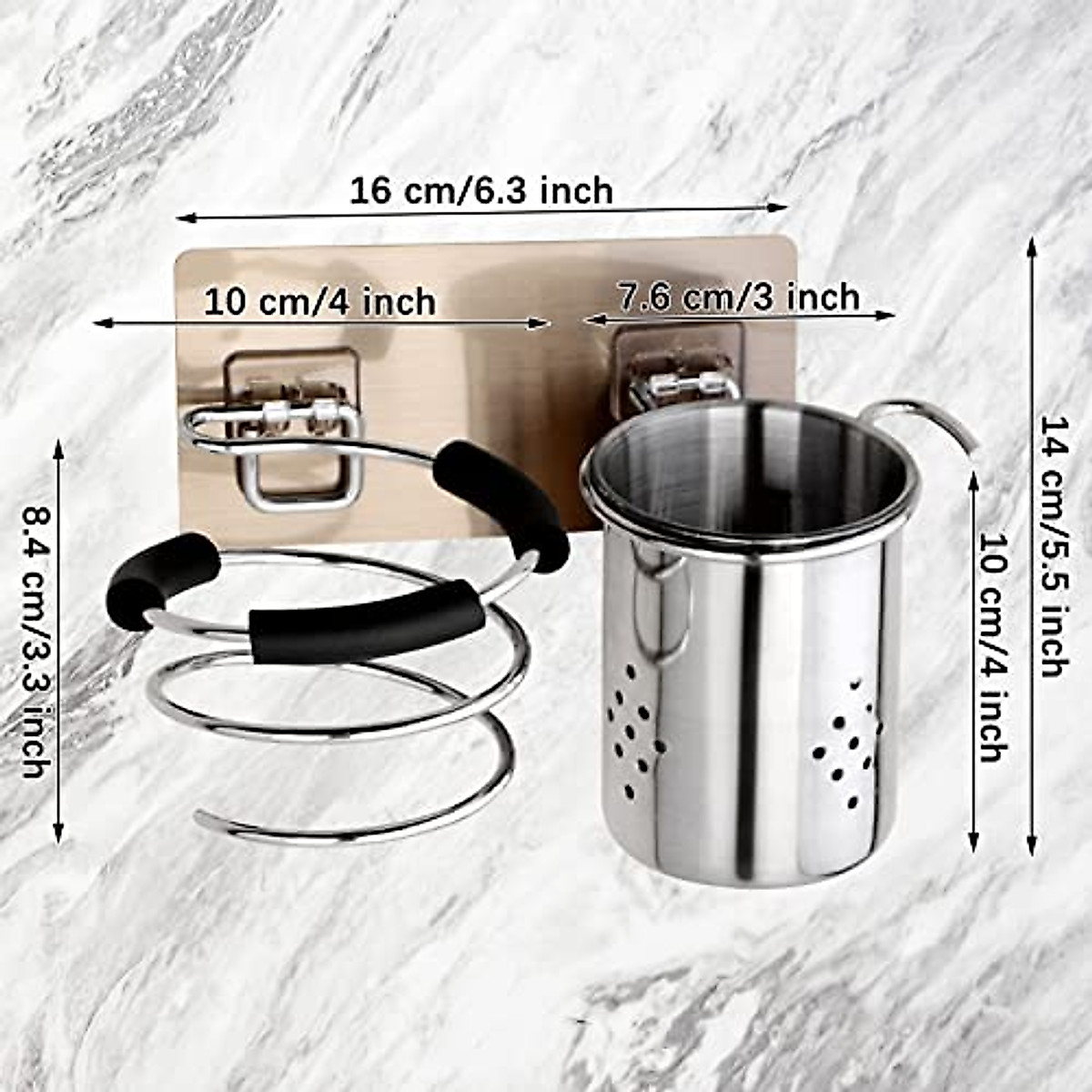 Hair Dryer Holder Wall Mount, LIOUCBD Blow Dryer Holder with Cup, Nail Free Hair Tools Organizer, Stainless Steel Bathroom Storage Set for Comb Makeup Brushes