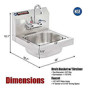 DuraSteel Stainless Steel Sink - NSF Commercial Wall Mount Kitchen Sink - Small Hand Sink with 12" x 10" x 5.5"D Wash Basin - With Sink Strainer and Faucet - For Laundry, Restaurants, Bars, and More