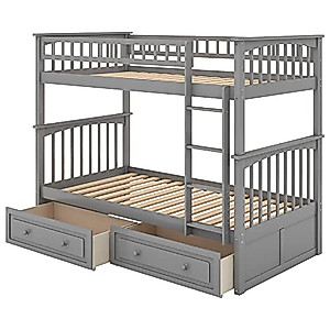 RUNWON Twin Over Twin Wood Bunk Bed with Storage Drawers and Full Length Safety Guard Rails for Kids Adults, Can Be Converted into 2 Beds