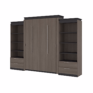 Bestar Orion Queen Murphy Bed and 2 Shelving Units with Drawers, Bark Gray & Graphite