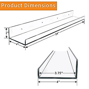 Febwind 4 Pack 24-Inch Long Clear Acrylic Floating Shelves Wall Ledge Invisible Wall Mounted Floating Bookshelf U Shape Wall Shelf for Book Display Makeup Product Spice Organizer