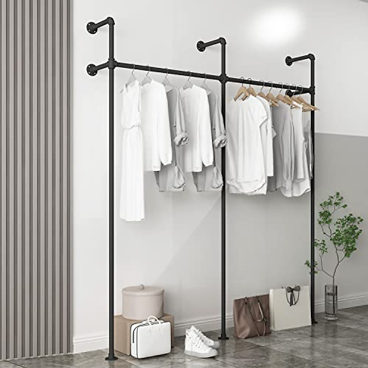 LANJIN Industrial Pipe Clothing Rack On Wall,Moden Wall Mounted Closet Storage Rack,Hanging Clothes Retail Display Rack,Heavy Duty Steampunk Garment Racks,Black & Double A