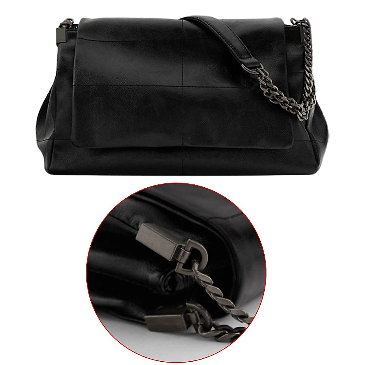 Womens Vintage Black Rock Style Flap Single Shoulder Bag with Chain Strap Faux Leather Luxury Zipper Messenger Handbag Pack Purse Chain Strap Faux Leather Purse