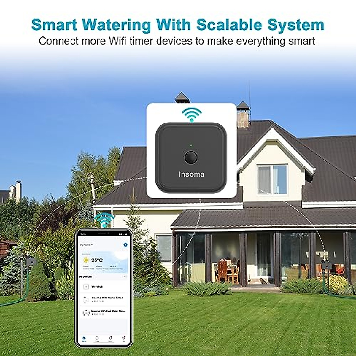 WiFi Sprinkler Timer, WiFi Water Timer for Garden, Irrigation Hose Timer with Hub, APP & Voice Control, Remote Control Irrigation System Compatible with Alexa, Two Irrigation Modes/Rain Delay