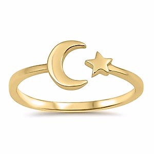 Gold-Tone Crescent Moon Star Open Modern Sterling Silver Ring Size 6