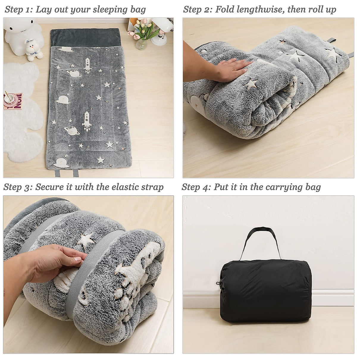 Grey Kids Sleeping Bags for Boys Girls Glow in The Dark Stars Space Slumber Bag Super Soft Nap Mat for Daycare Sleepovers | with Zipper Pillow Pocket and Carrying Bag