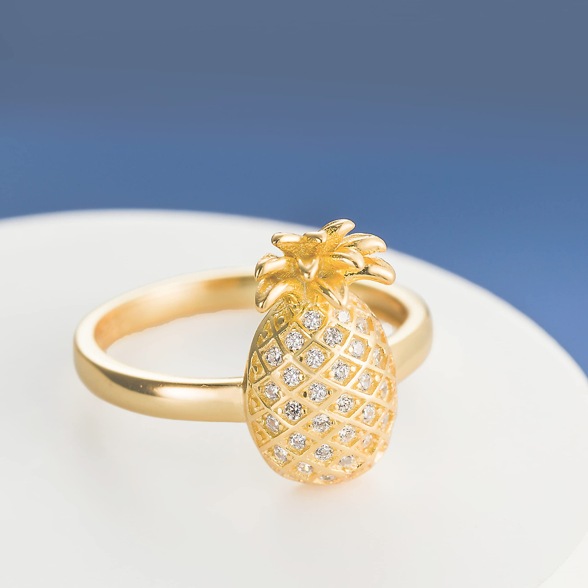 Aloha Jewelry Company 18K Gold Plated Sterling Silver Hawaiian Pineapple Plant Ring Stackable Wedding Band with Cubic Zirconia, Yellow-Gold (11)