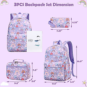 Rainbow Backpack for Girls, 3PCS Rainbow Backpack with Square Lunch Bag & Pencil Case Set for Girls, Large Capacity Kids School Bookbag Set for Preschool Kindergarten Elementary School