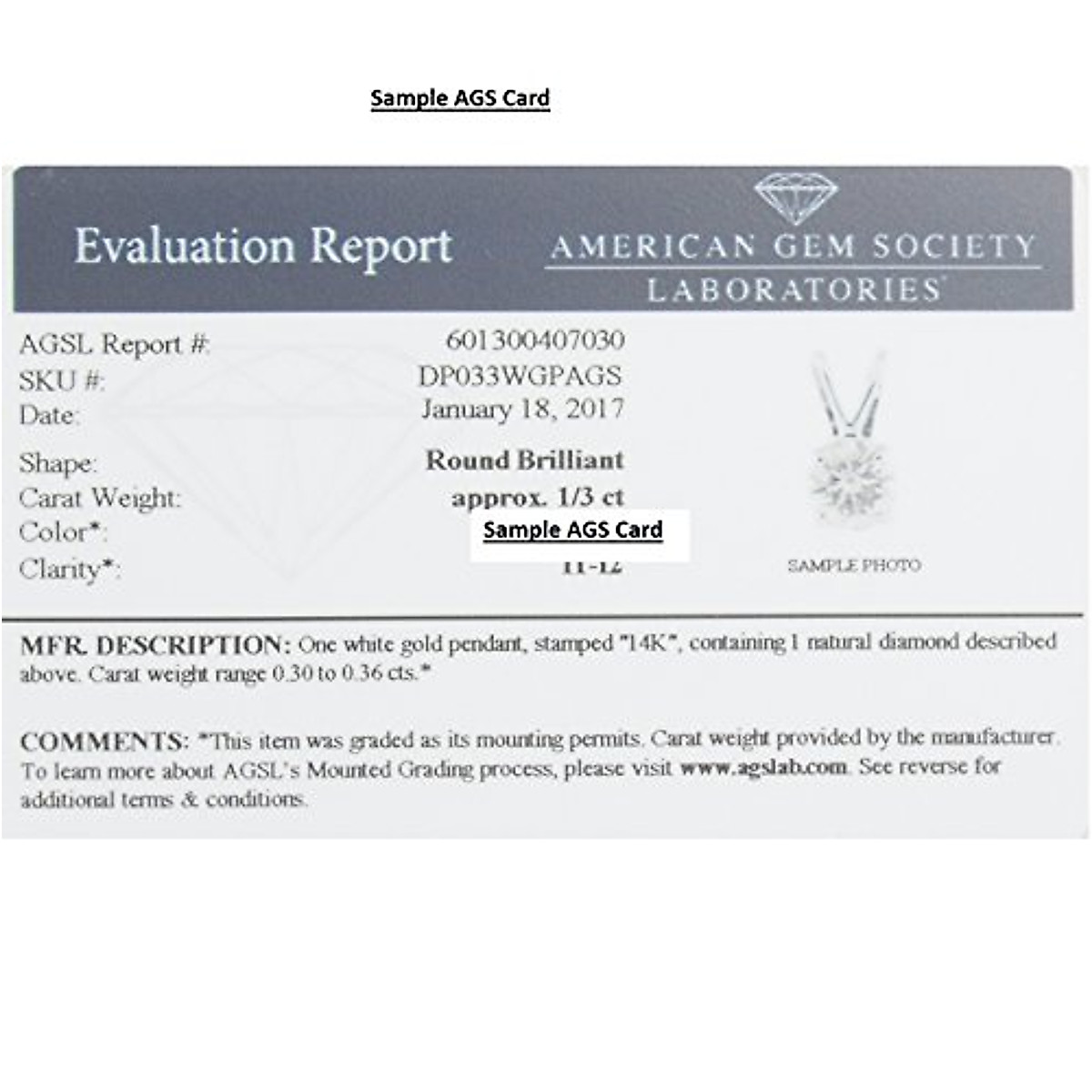 Amanda Rose Collection AGS Certified 1/3ct REAL Diamond Solitaire Pendant Necklace for Women in 14K White Gold on an 18 in. Box Chain