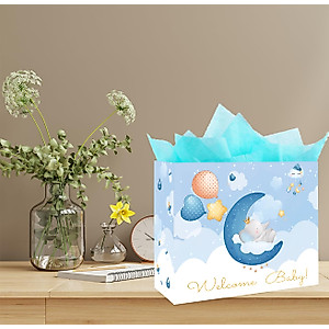 GFInYHM 13" Baby Boy Gift Bag for Baby Shower or Birthday with Handle, Tissue Paper and Greeting Card (Elephant)