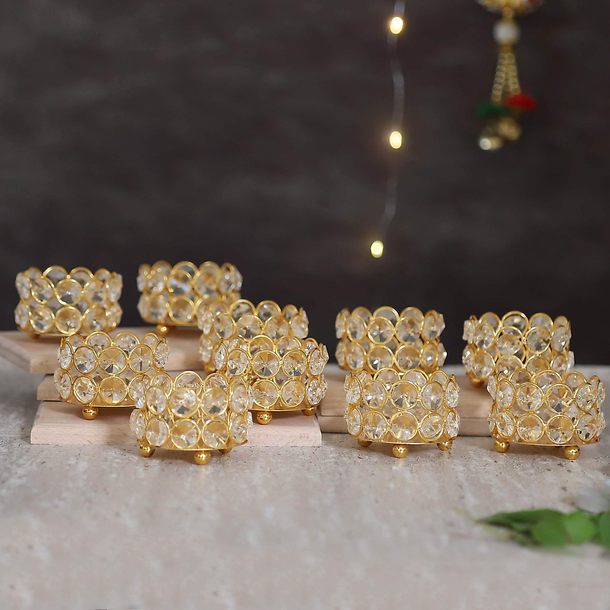 TIED RIBBONS 10 Pcs Crystal Tealight Candle Holders | Metal Rim, Golden | 2 Inch | Votive Tealights Holder | Crystal Glass Candle Holder for Table Centerpiece, Wedding, Housewarming, Anniversary