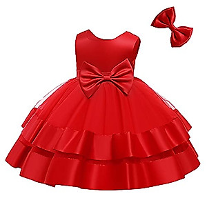 Baby Girl Easter Backless Dresses Bowknot Toddler Ball Gown Ruffles Christmas Formal Dress Tutu Frocks (Red,80)