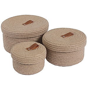 Cottonphant Set of 3 Stylish Round Woven Baskets with Lids - Elegant Storage Solution for Home Decor and Organization - Compact Shelf Baskets (Jute, 10"x6"-8"x5"-6"x4")