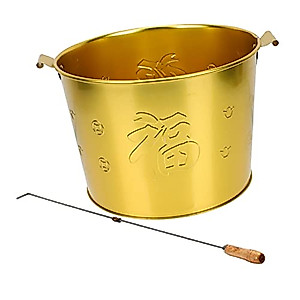 Veemoon Trash Golden Steel Leaves Bonfire Leaf Ash Fortune Bin Garden Wood Tongs Home Paper Barrel Hook Can Fireplace Fire Pit Stainless Bucket Money Sacrifice with Basin Yard Backyard