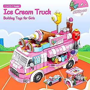 Ice Cream Truck Building Sets for Girls,12in1 Friends Ice Cream Truck Toys for Kids,Pink Food Truck Toy Building Blocks,STEM Educational Toy for Children's Day Gift,Birthday Gifts for Girls Age 6-12 +