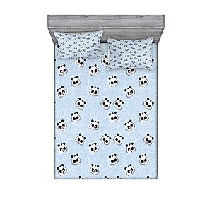 Ambesonne Panda Fitted Sheet & Pillow Sham Set, Muzzles Panda Illustration with Happy Sad Funny Surprised Faces Different Expressions, Decorative Printed 3 Piece Bedding Decor Set, Full, Black Blue