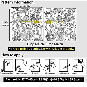 Blooming Wall Black White Elegant Modern Lotus Lily Leaf Peel and Stick Wallpaper Self-Adhesive Prepasted Wallpaper Wall Mural Wall Decor (17.7“x118”, Black/White)