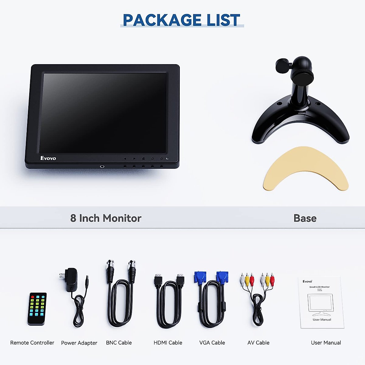 Eyoyo 8 Inch Small Monitor, 1024x768 4:3 IPS Mini HDMI Monitor Support HDMI/VGA/AV/BNC Input with Remote Control & Built-in Speakers, Security Monitor for Computer Raspi CCTV Camera