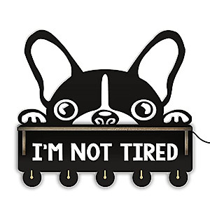 The Geeky Days Dog Puppy Key Holder for Wall, Boston Terrier I am Not Tired Wood Wall Mounted Hat Coat Rack with Mail Medal Organizer Shelf, 5 Metal Hooks Hanger, for Closet Door Hanging