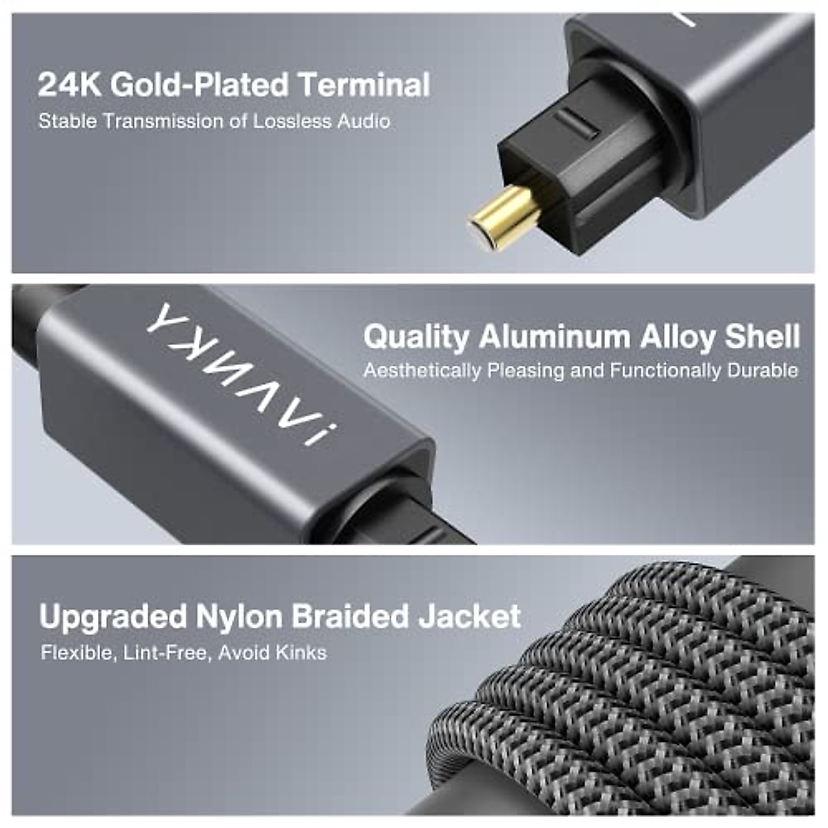 IVANKY Optical Audio Cable 10ft/3M, Slim Braided Fiber Audio Cable, Digital Optic Cord,Toslink Cable, Aluminum Shell, Gold-Plated for Sound Bar, TV, PS4, Xbox, Samsung, Vizio - CL3 Rated