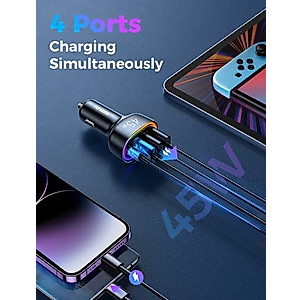 USB C Car Charger, 45W 4 Ports Super Fast Car Charger Adapter, PD3.0 & QC3.0 30W Type C Car Charger Compatible with iPhone 14 Pro Max/Pro/Samsung Galaxy 22/Google Pixel, Cigarette Lighter USB Charger