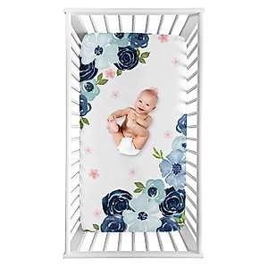 Sweet Jojo Designs Navy Blue and Pink Watercolor Floral Girl Fitted Crib Sheet Baby or Toddler Bed Nursery Photo Op - Blush, Green and White Shabby Chic Rose Flower